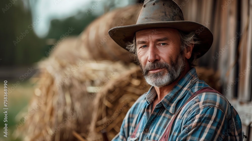 A rugged farmer, proud of his hard work, poses confidently in front of ...