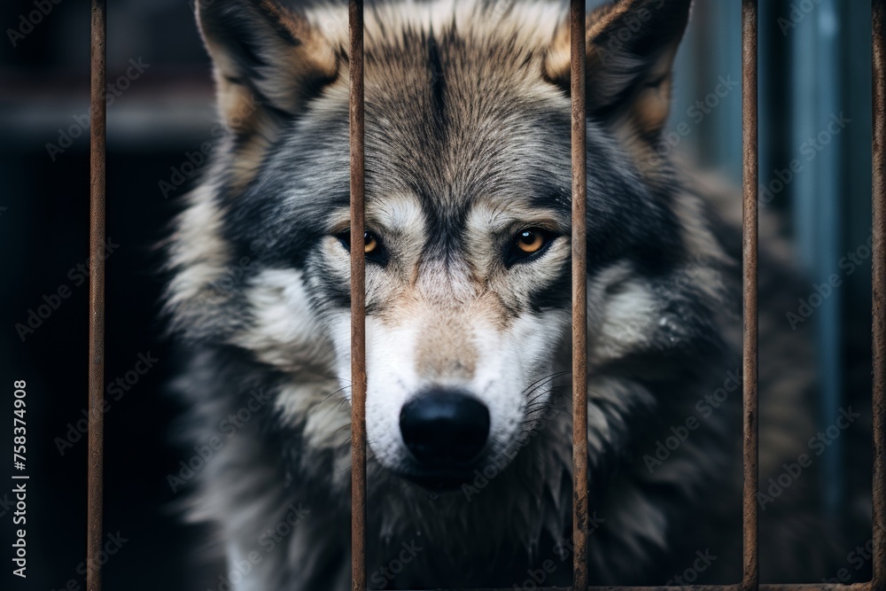 Wolf locked in cage. Lonely wolf in captivity behind a fence with sad ...