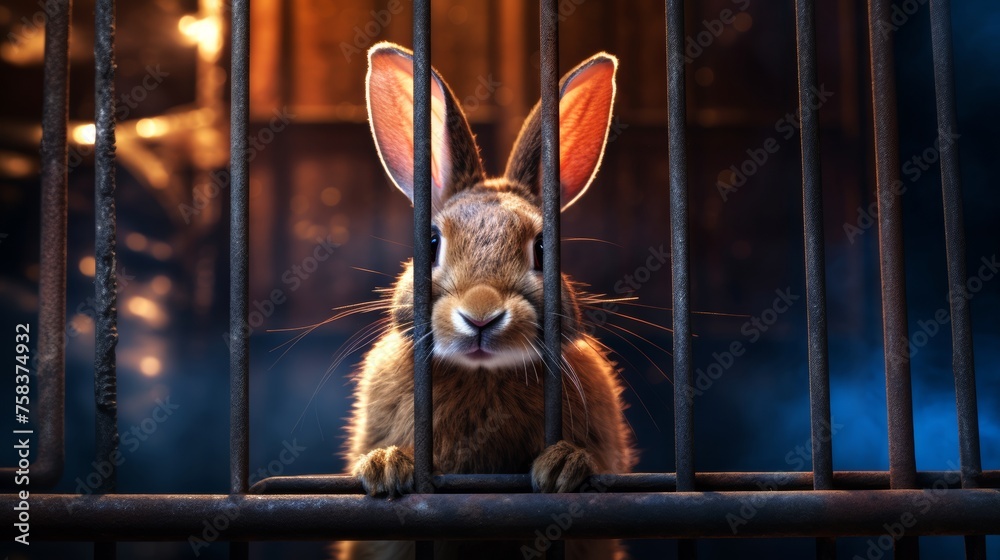 Caged rabbit with bright eyes, dreaming of the wild. Bunny locked in ...