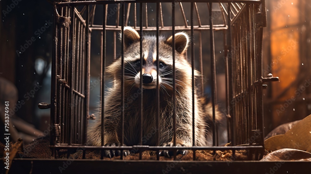 Poor Raccoon locked in cage. Lonely raccoon in captivity behind a fence ...