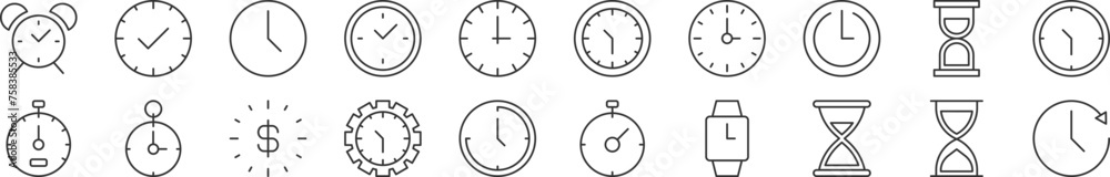 Collection of outline symbol of clock as time. Editable stroke. Simple ...