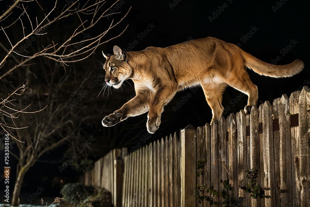 Photorealistic ai artwork of a mountain lion or cougar jumping over a ...