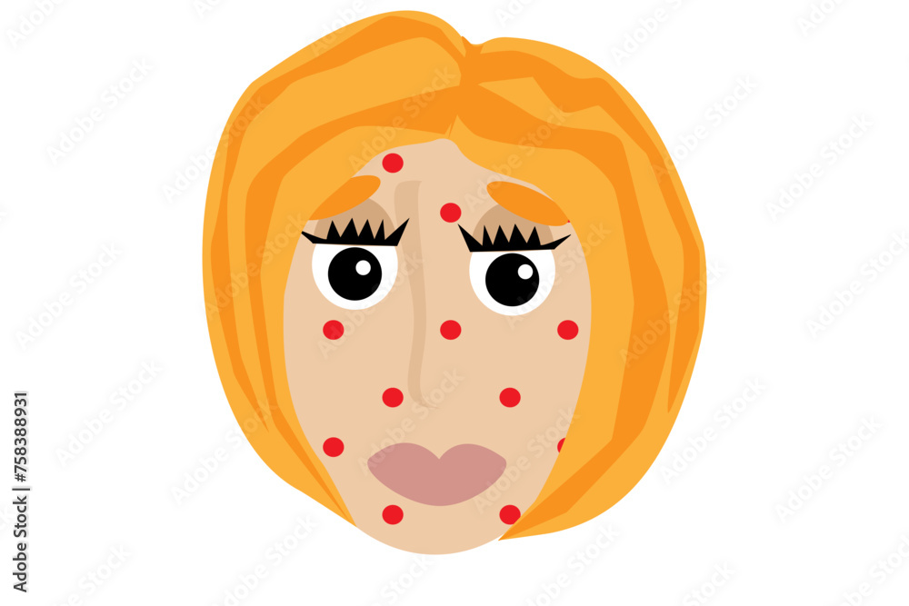 Girl, woman, face with red spots, pimples, skin problems, acne, virus ...