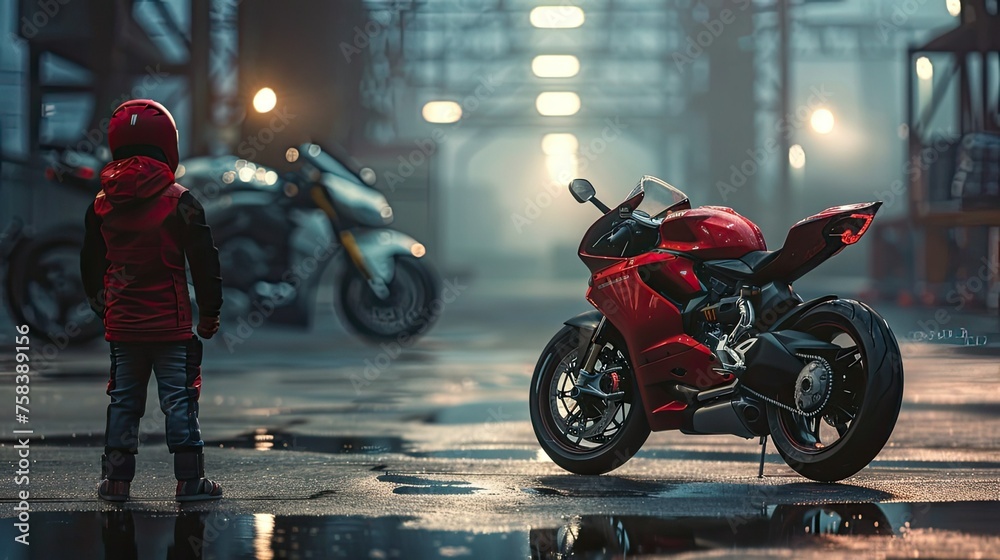 child next to a moped on a city street. Authentic facial expressions ...