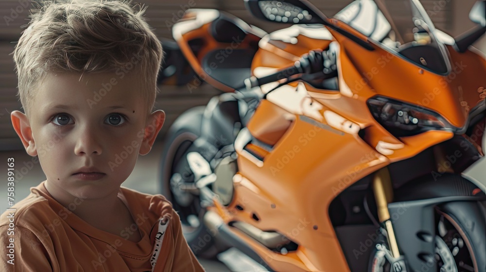 child expresses sincere emotions while looking at a moped. Child and ...
