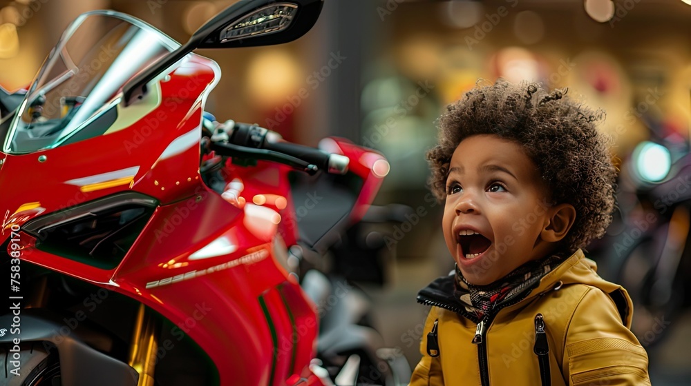 child expresses sincere emotions while looking at a moped. Child and ...