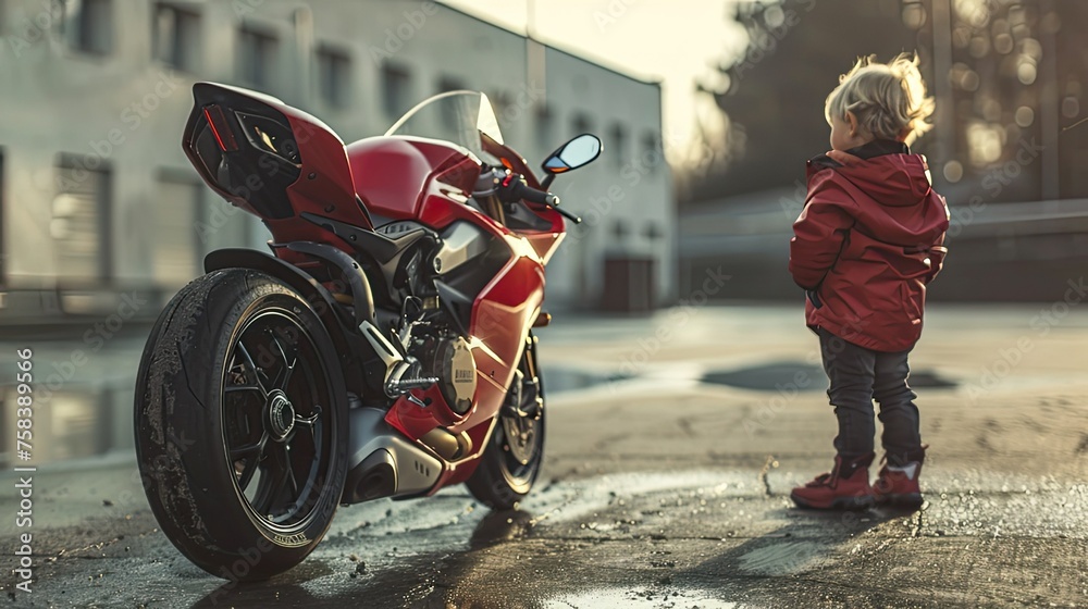 child next to a moped on a city street. Authentic facial expressions ...