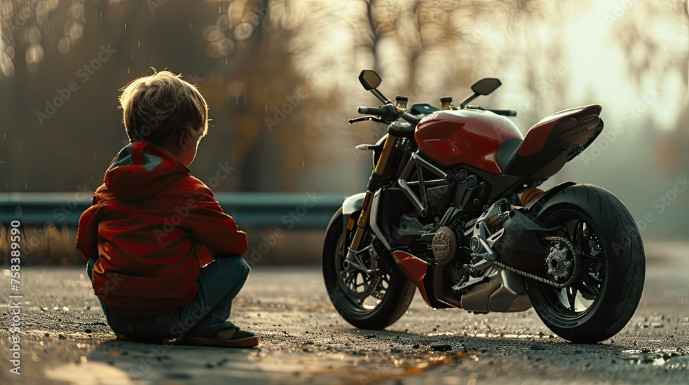 child next to a moped on a city street. Authentic facial expressions ...