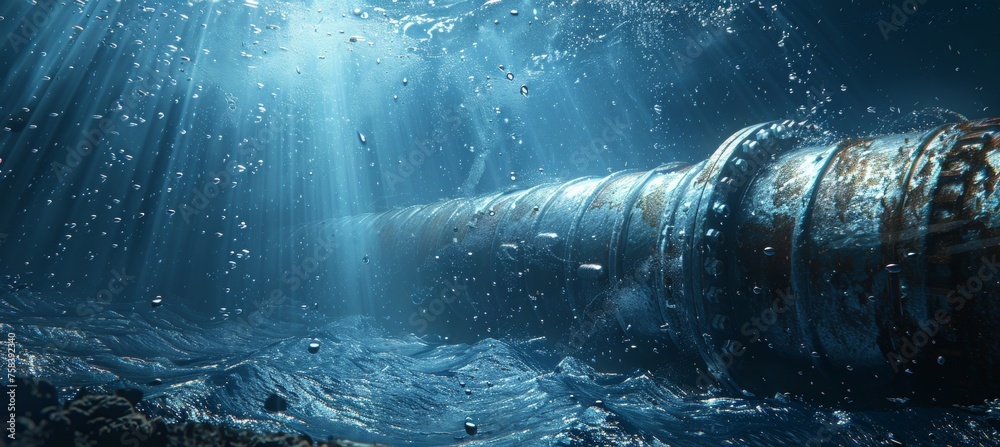 Subsea oil and gas pipeline metal conduit in deep blue sea depths for ...