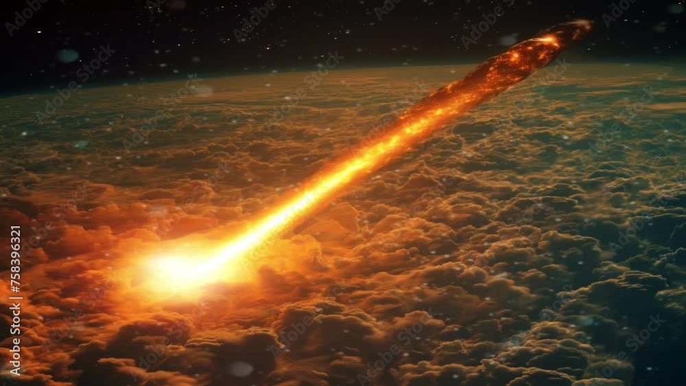 A meteor falls from space with a plume of burning fire that burns ...