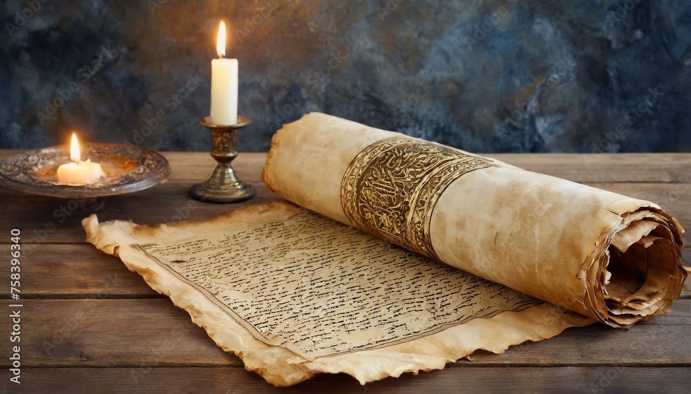 stack of old books, jesus on the cross, a scroll and two candles on a ...