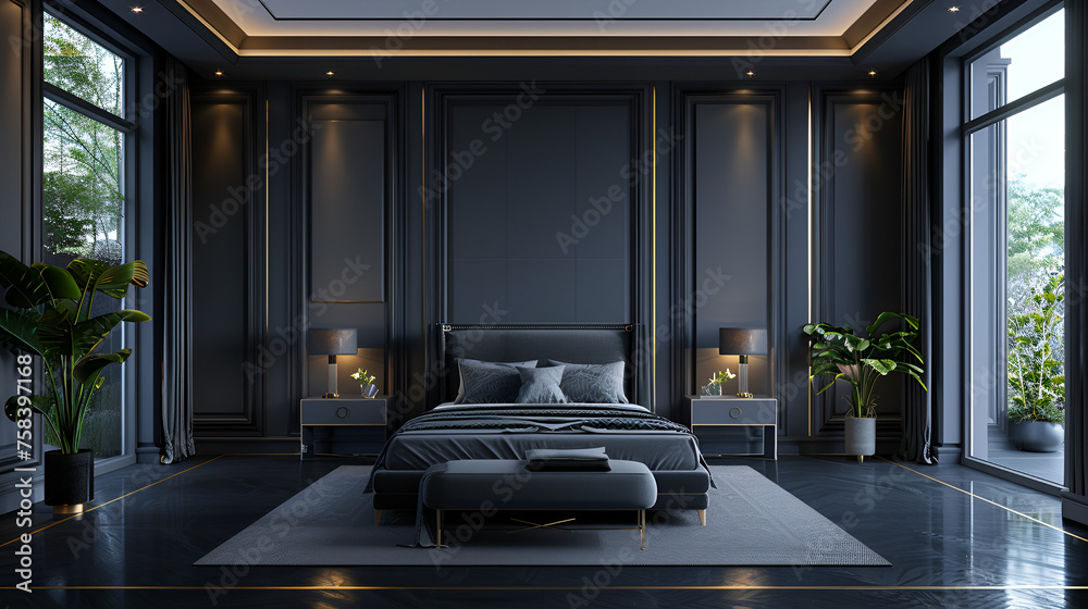 Luxurious large bedroom with black dark gray walls and a bed. Deep rich ...