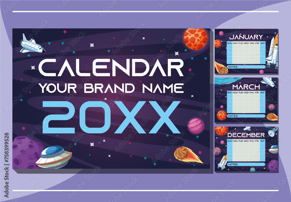 Purple and Blue Space Illustrations Calendar Stock Template | Adobe Stock