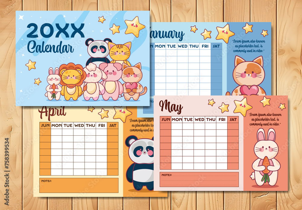 Colorful Cute Animal Star Kids Monthly Calendar Planners Stock Template ...
