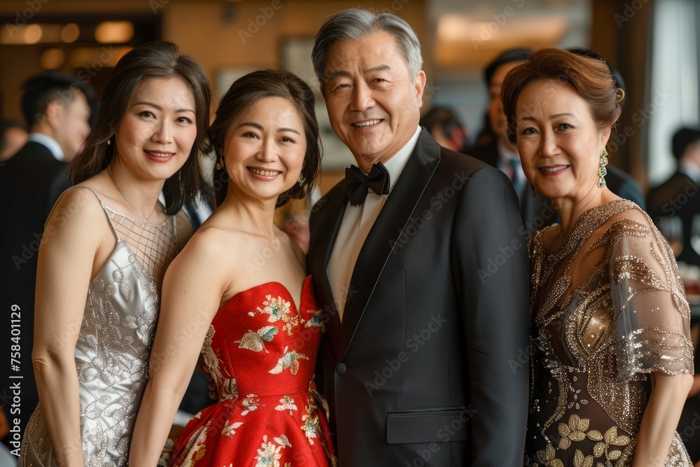 Elegant Multi-Generational Asian Family in Formal Attire Smiling at a ...