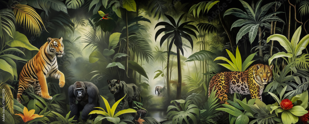 ภาพประกอบสต็อก Jungle wallpaper with animals, trees and tropical plant ...