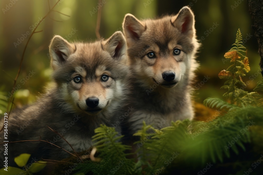 Portrait of two wolf cubs (Canis lupus) hidden in the green vegetation ...