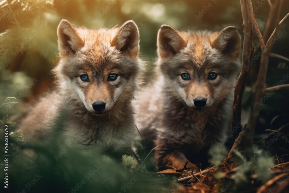 Portrait of two wolf cubs look in camera on deep forest background ...