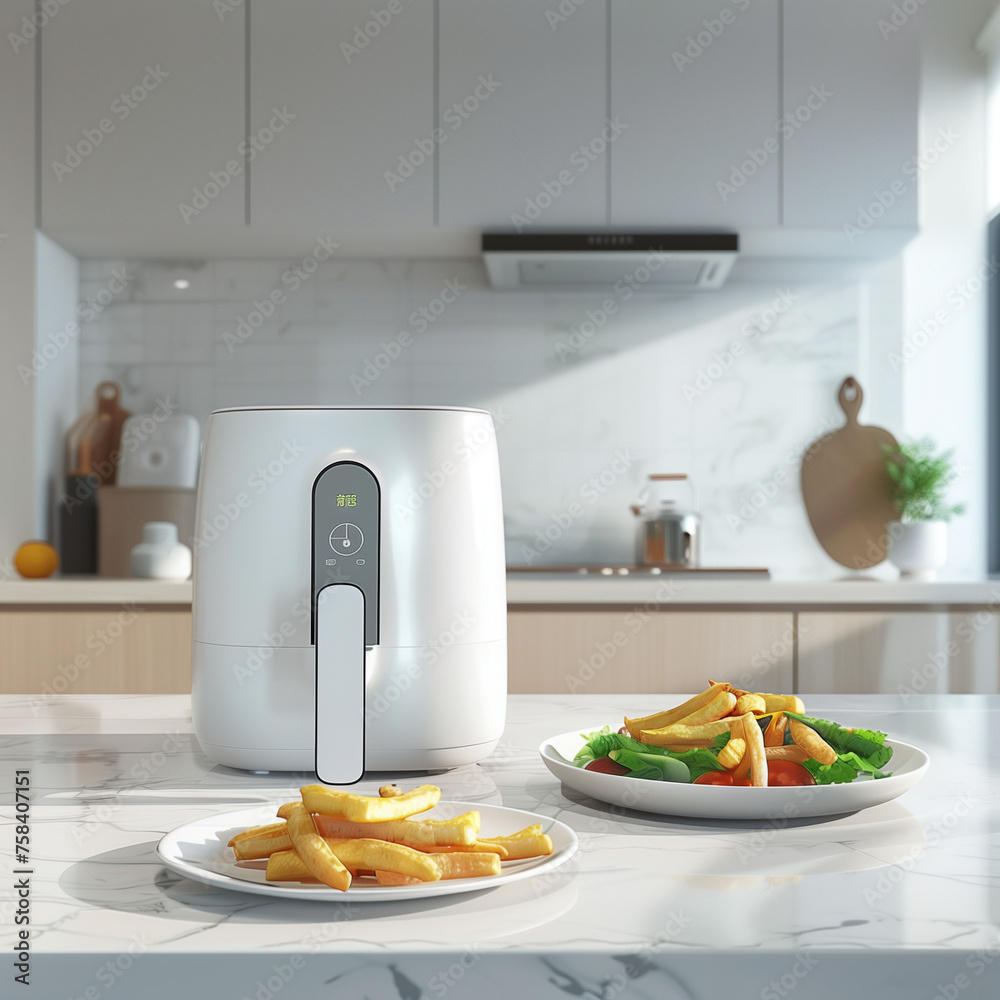 white air fryer appliance on the marble table in the modern kitchen ...