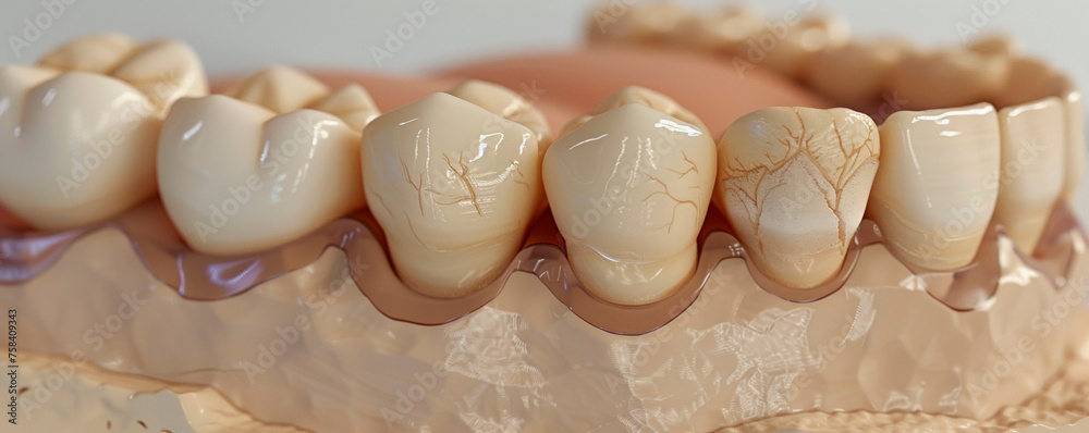 A meticulously detailed model presents human teeth enhanced by veneers ...