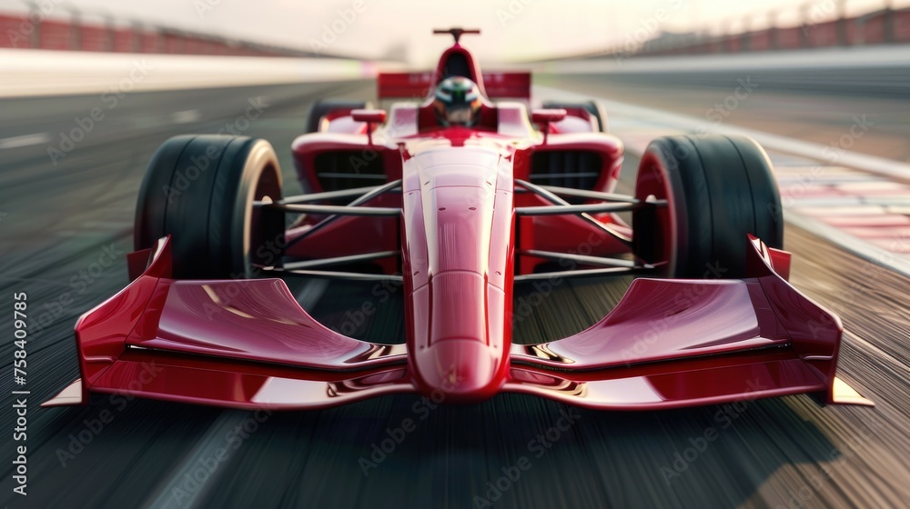 Close up front view fast red race car on a track in circuit arena. AI ...