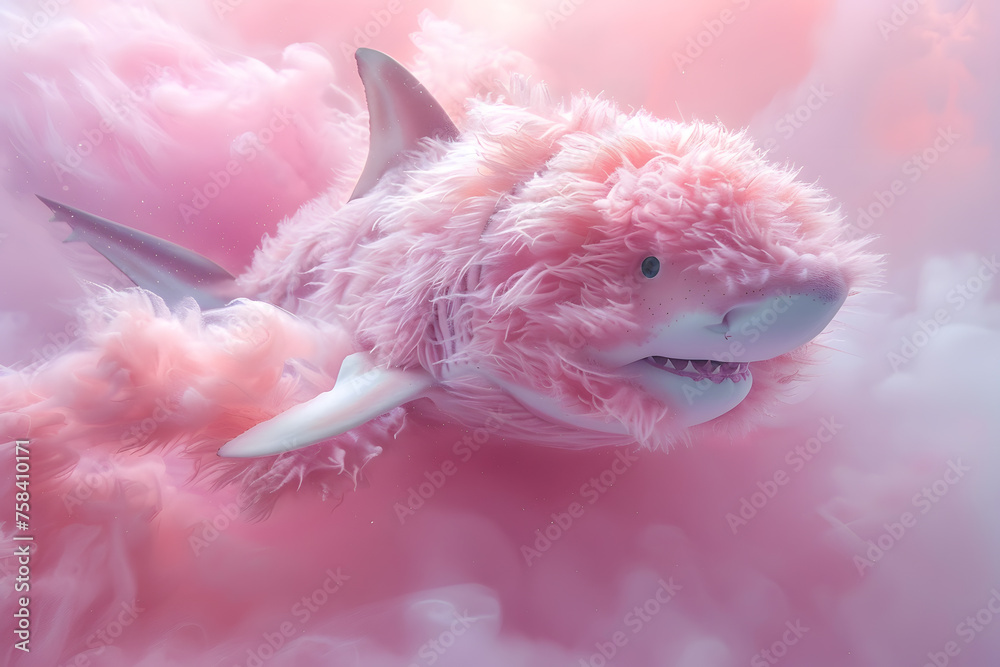 A pink stuffed shark with whiskers and a snout is gracefully floating ...