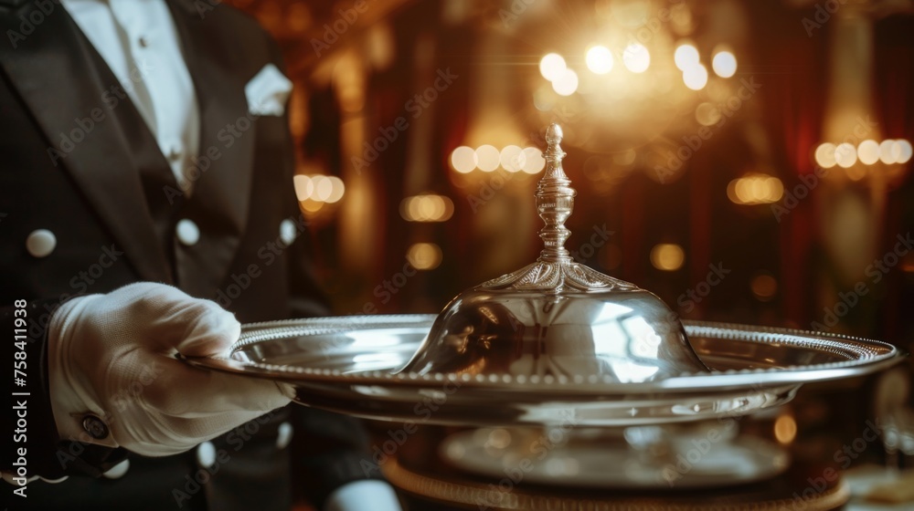 Waiter tray butler hand serve hold plate isolated white man silver ...