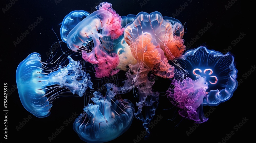 Colorful jellyfish swimming in the dark sea. A cluster of jellyfish ...