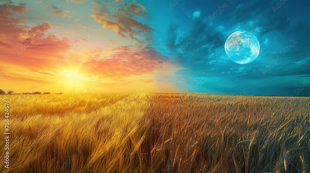 Beautiful landscape of a wheat field. Day and night. Moon and sun in ...