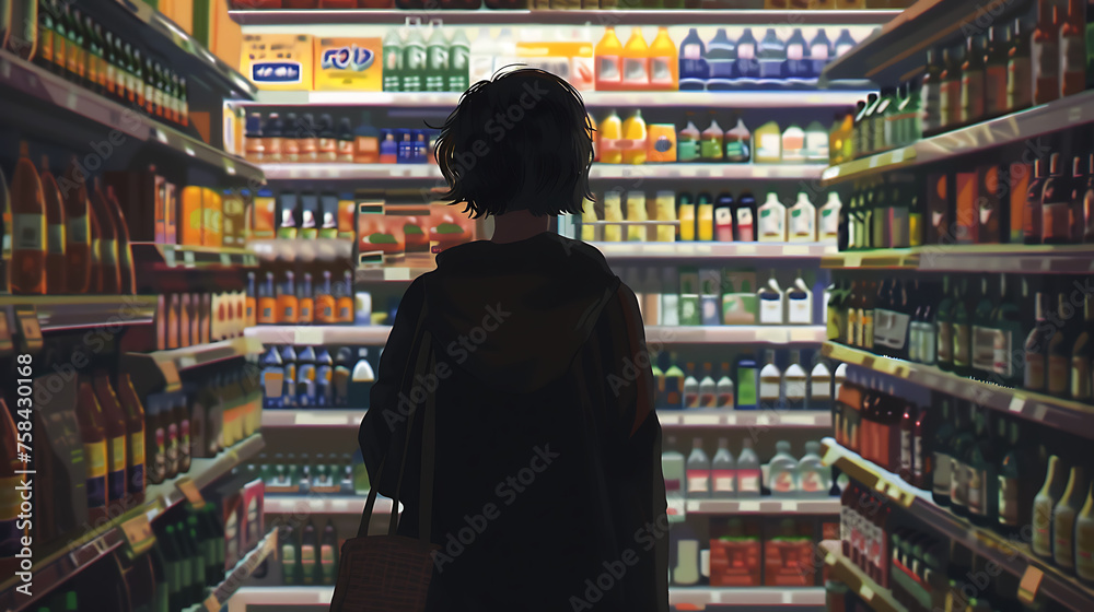 The image depicts a person standing in a well-stocked grocery store ...