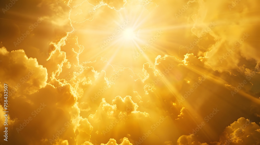 God light. Dramatic golden cloudy sky with sun beam. Yellow sun rays ...