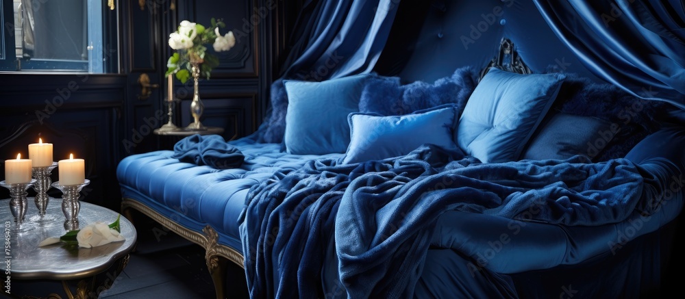Inside the electric blue house, a canopy bed with candles sets a ...