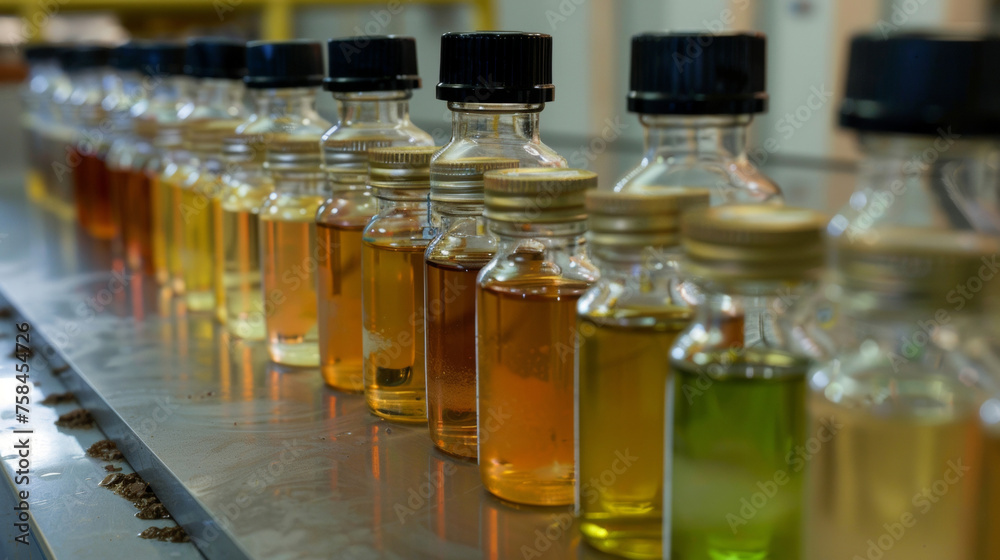 Foto Stock A series of small glass vials labeled Biofuel Samples sit on ...