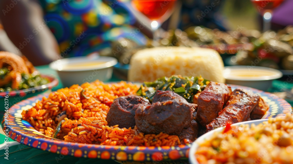 A close up of a plate filled with traditional African dishes such as ...