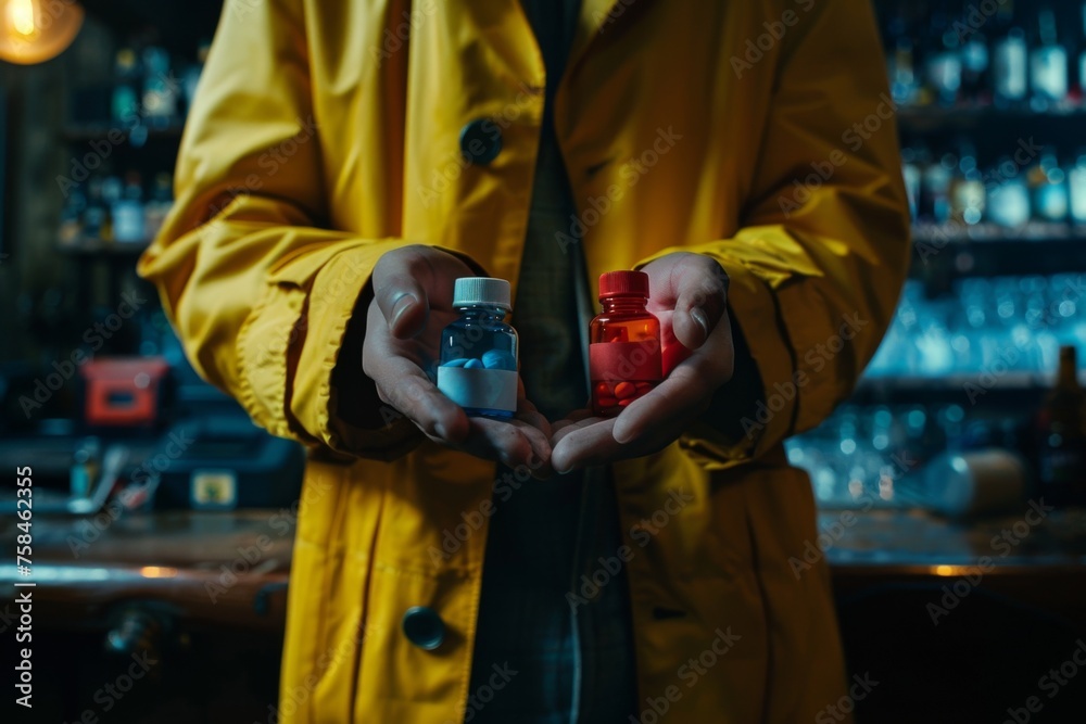Man in yellow coat holding pill bottles - Mysterious image showing ...