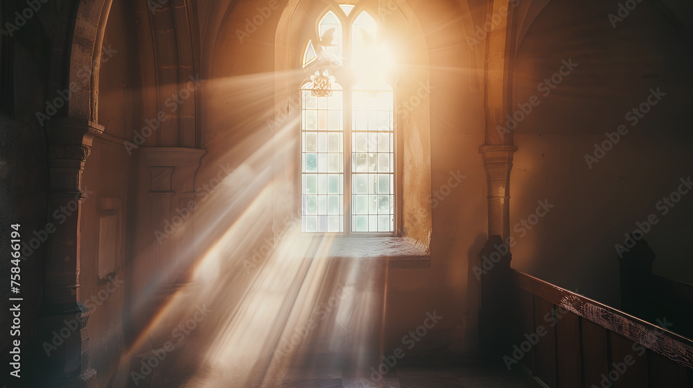 Sunlight streams through a church window, casting serene sunbeams ...