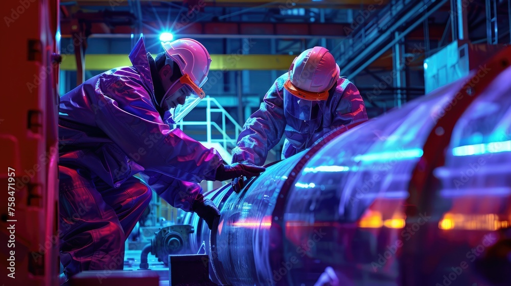 Welders working with intense blue light - Industrial scene of welders ...