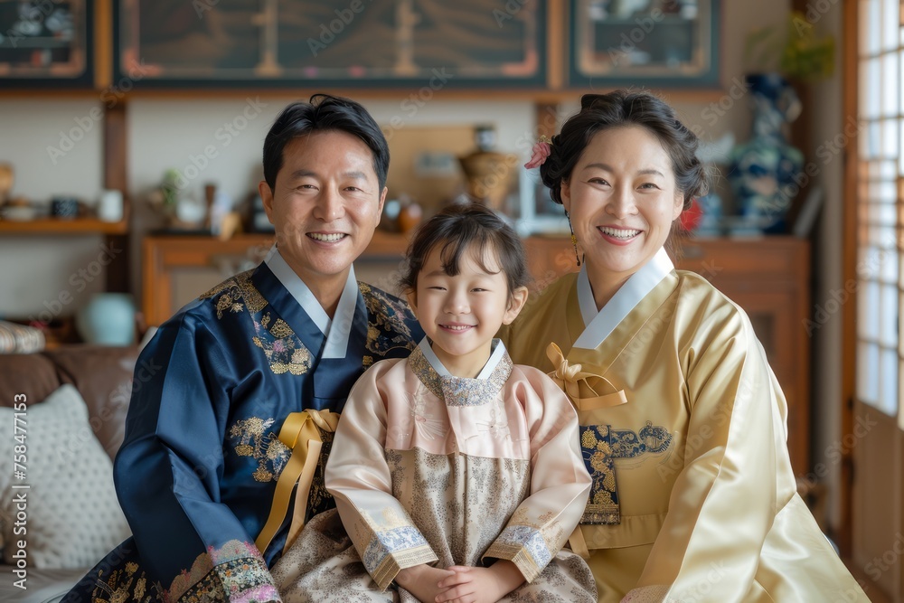 Happy Multigenerational Asian Family Dressed in Traditional Clothes ...
