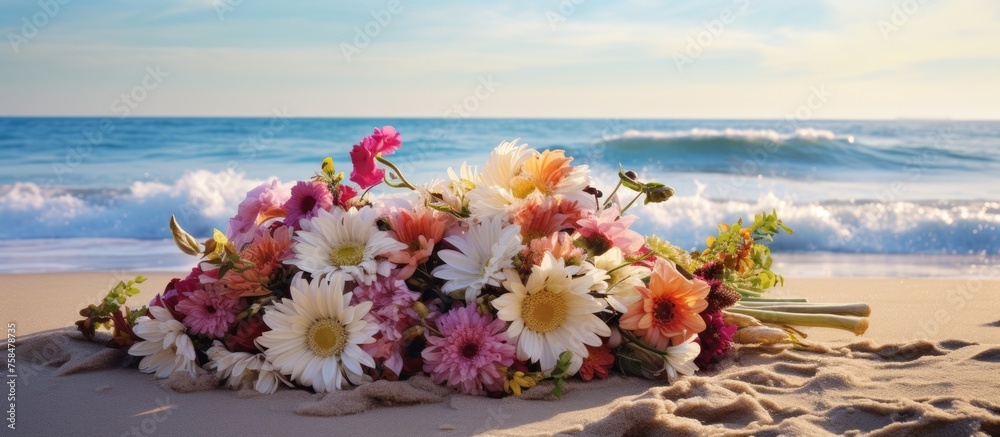 A beautiful bouquet of flowers is placed on the sandy beach by the ...