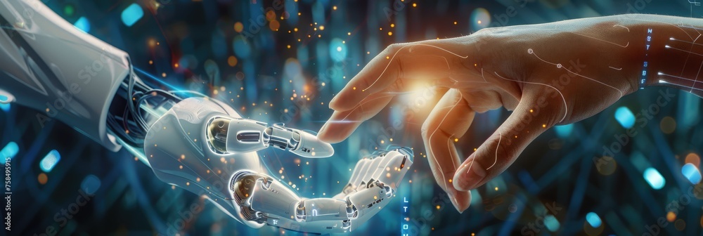 Human and robot fingers about to touch - A depiction of a human hand reaching out to a robotic ...