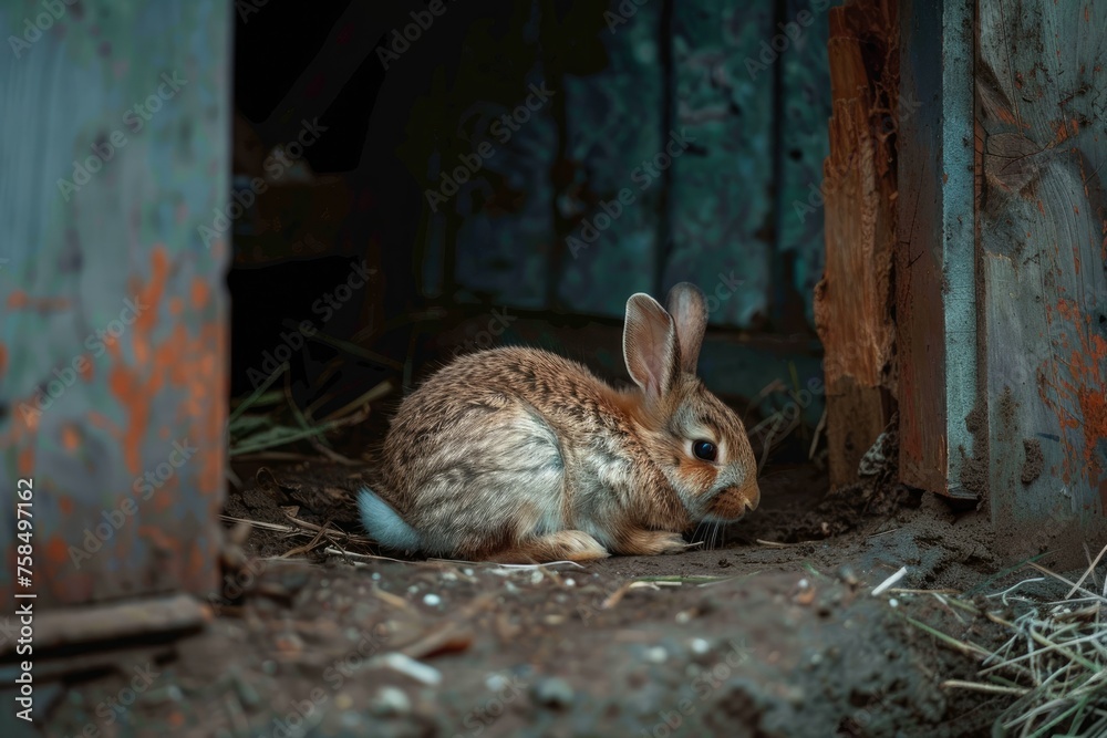 Rabbit hiding in an abandoned area - A solitary rabbit finds shelter ...