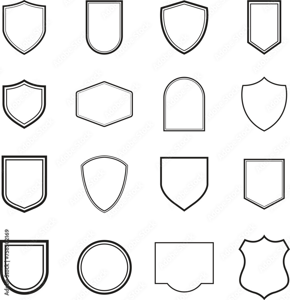 Shield icon set in vintage style. Protect shield security line icons. Badge quality symbol, sign ...