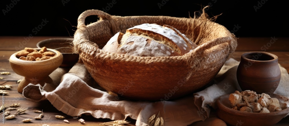 A loaf of bread sits in a basket atop a table, surrounded by various ...