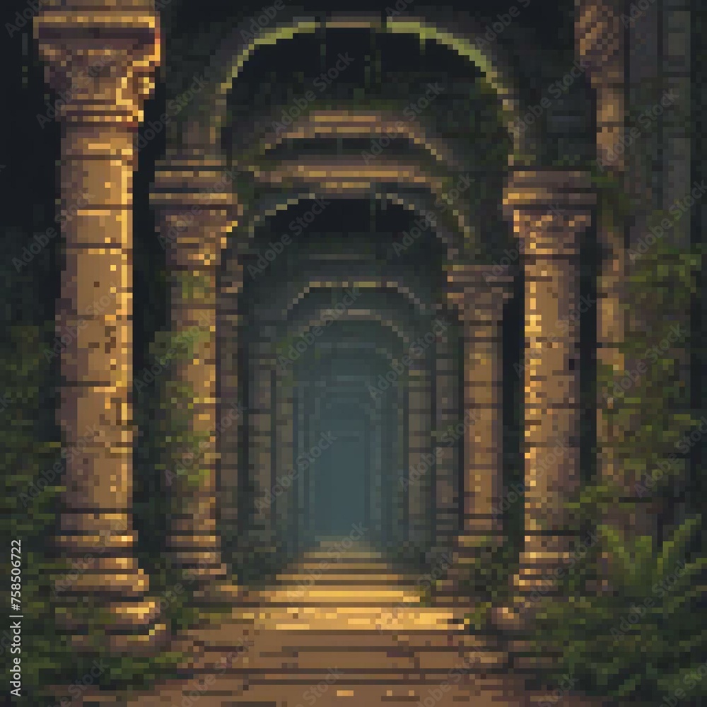 pixel art, a massive, sprawling ruined city deep underground, ancient ...