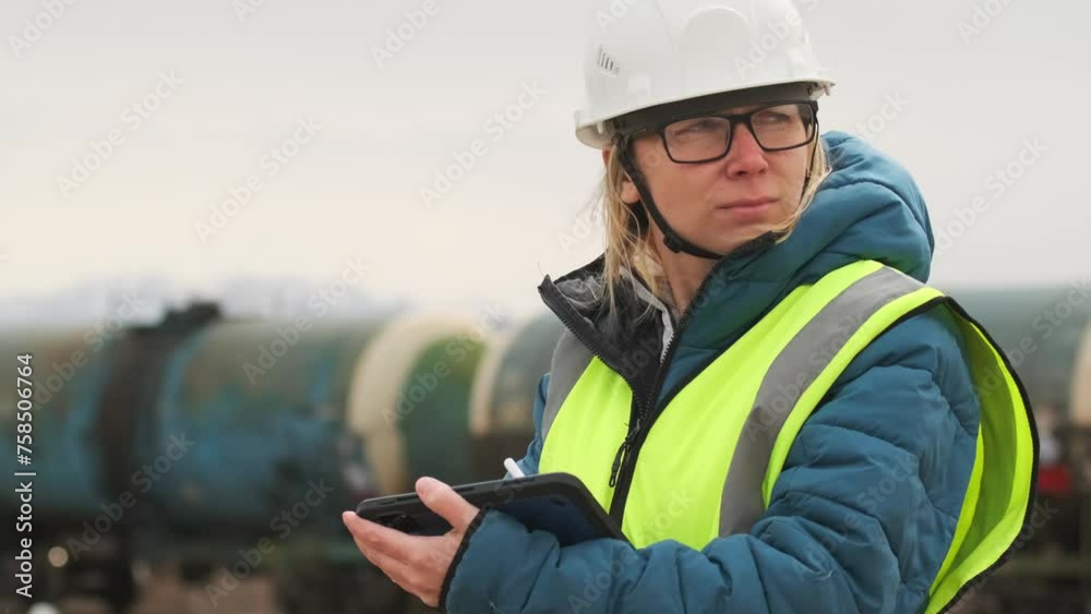 Inspector woman wearing white hardhat and safety vest holding tablet ...