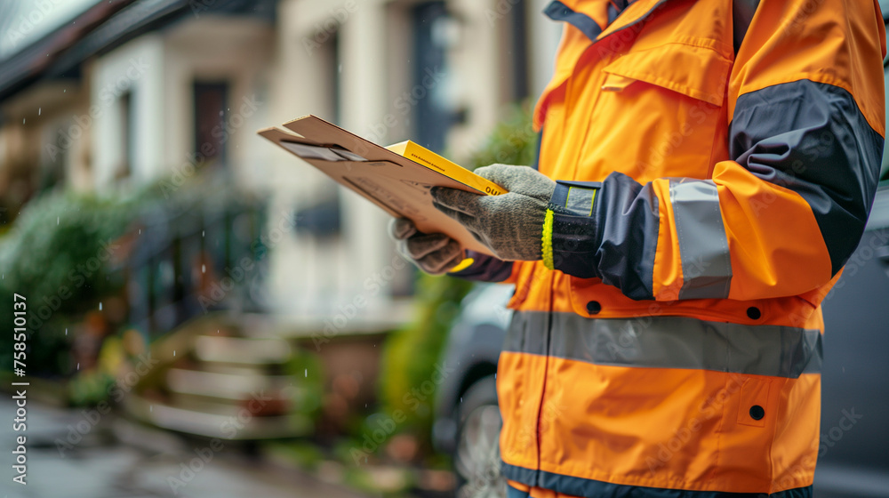 Handsome delivery man sending parcel box to customer, mail postman ...
