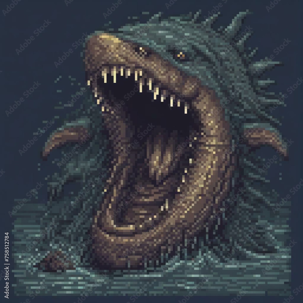 pixel art, a massive ancient sea creature, terrifying, jaws agape, many ...