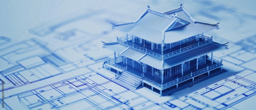 3D isometric view of a traditional Japanese house CAD model with ...