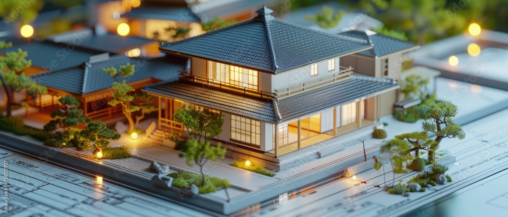 3D isometric view of a traditional Japanese house CAD model with ...