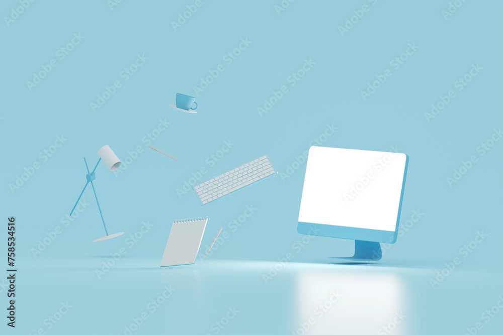 Computer monitor with ofice icon, business finance float on pastel blue ...